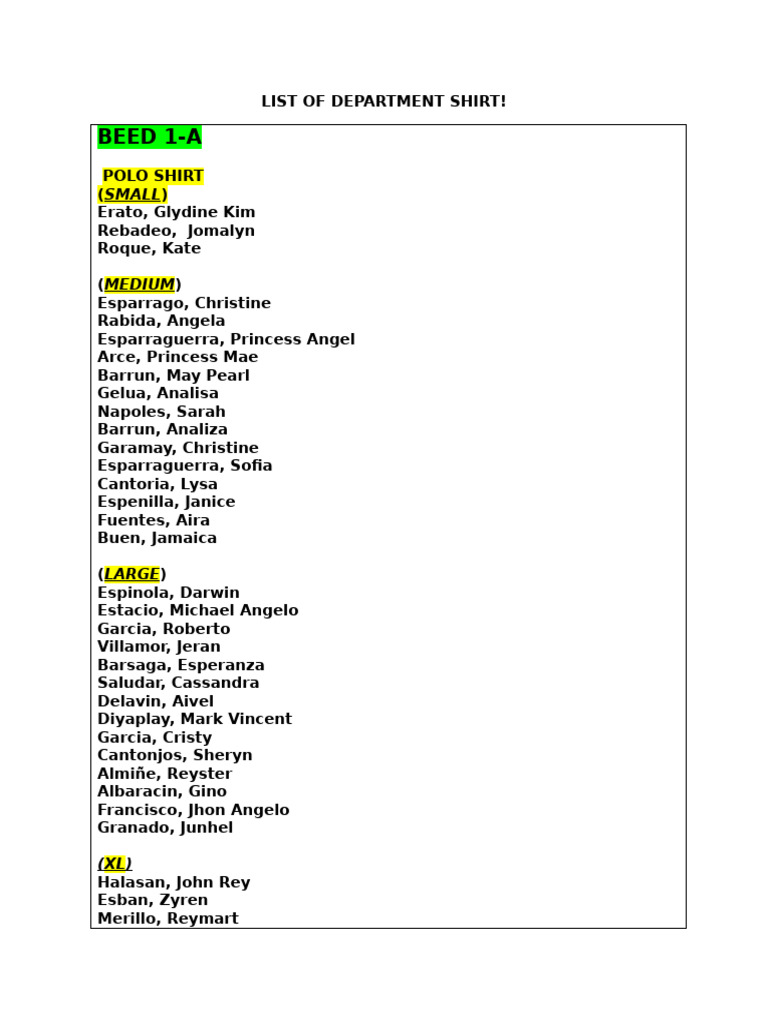 BEED Department Shirt List | PDF | Sports & Recreation