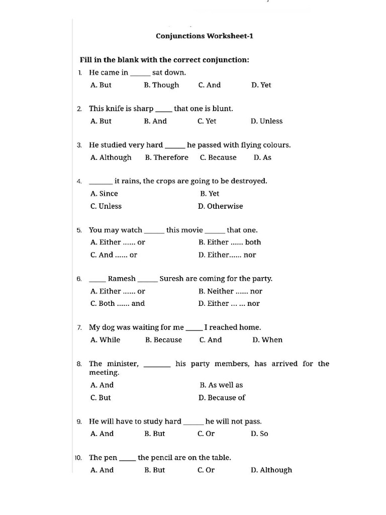 MCQ Worksheet On Conjunction | PDF