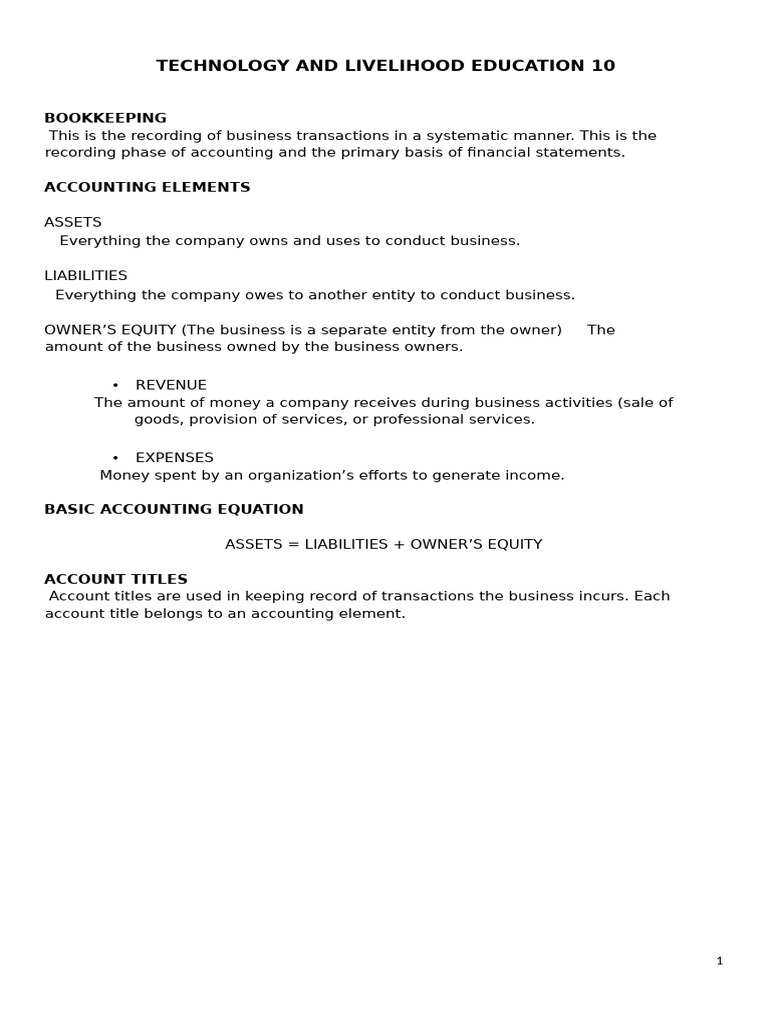 TLE 10 Accounting Elements | PDF | Expense | Revenue