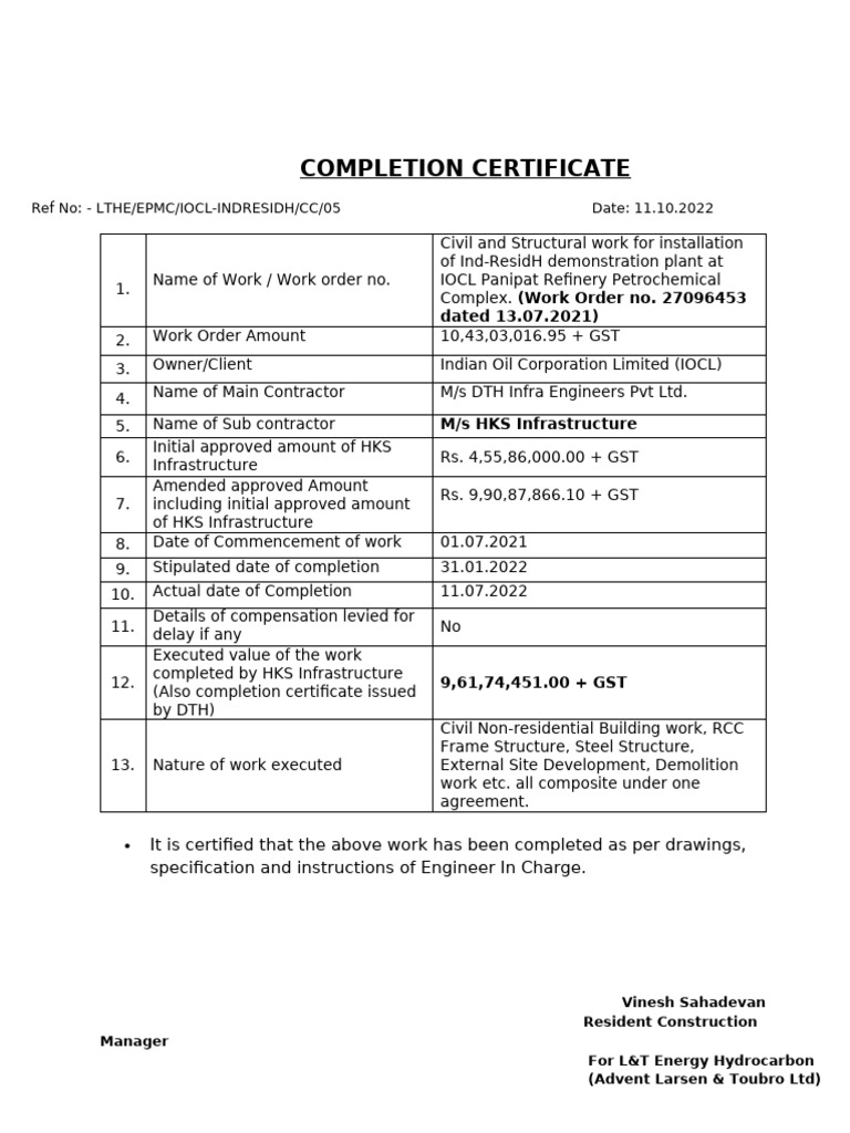 COMPLETION CERTIFICATE | PDF