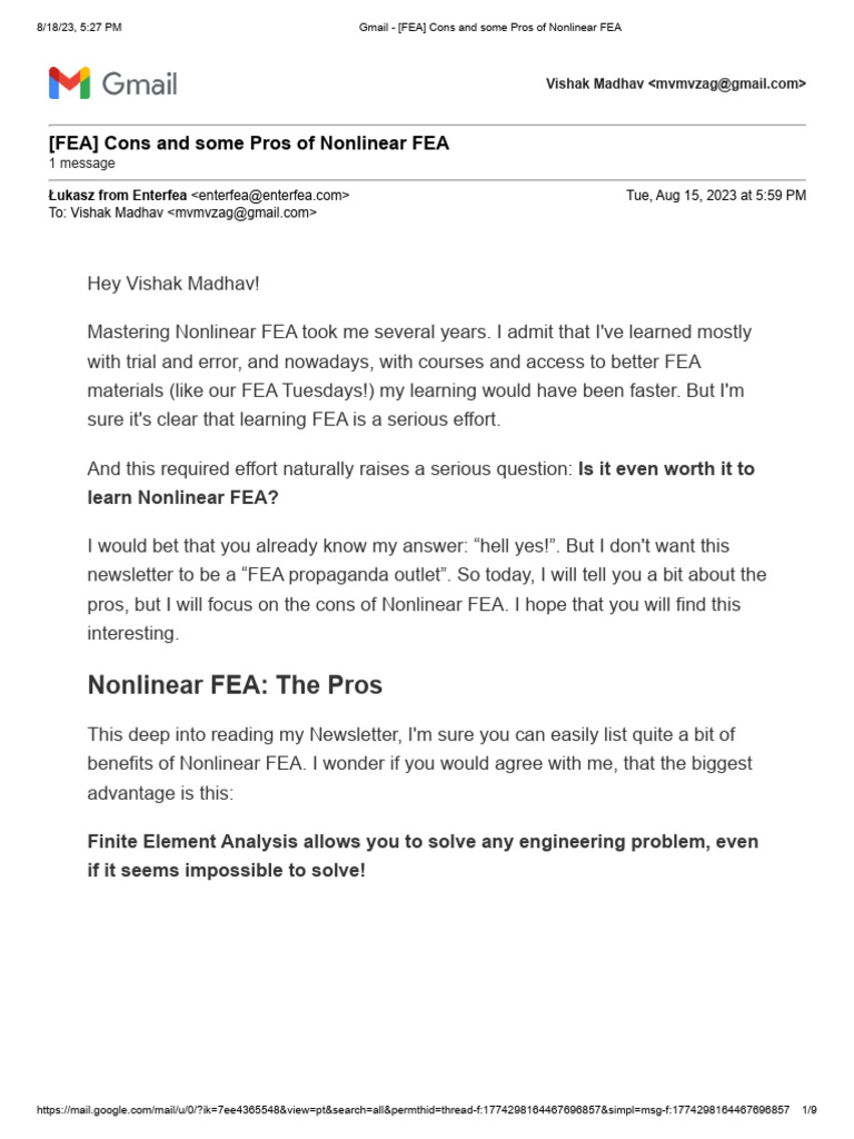Gmail - [FEA] Cons and some Pros of Nonlinear FEA | PDF | Finite Element Method | Applied ...