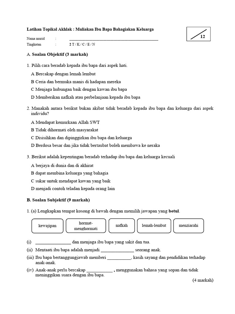 Latihan Topikal Akhlak F2 - Muliakan Ibu Bapa Bahagiakan Keluarga | PDF