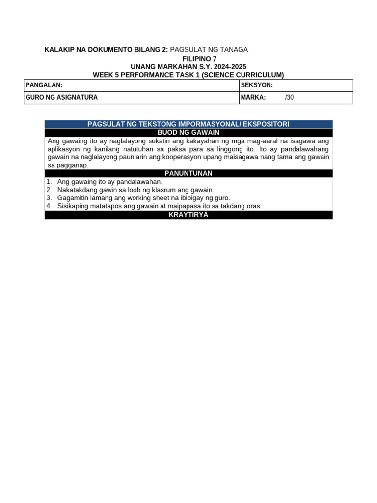 Filipino 7 q1 w5 Performance Task | PDF