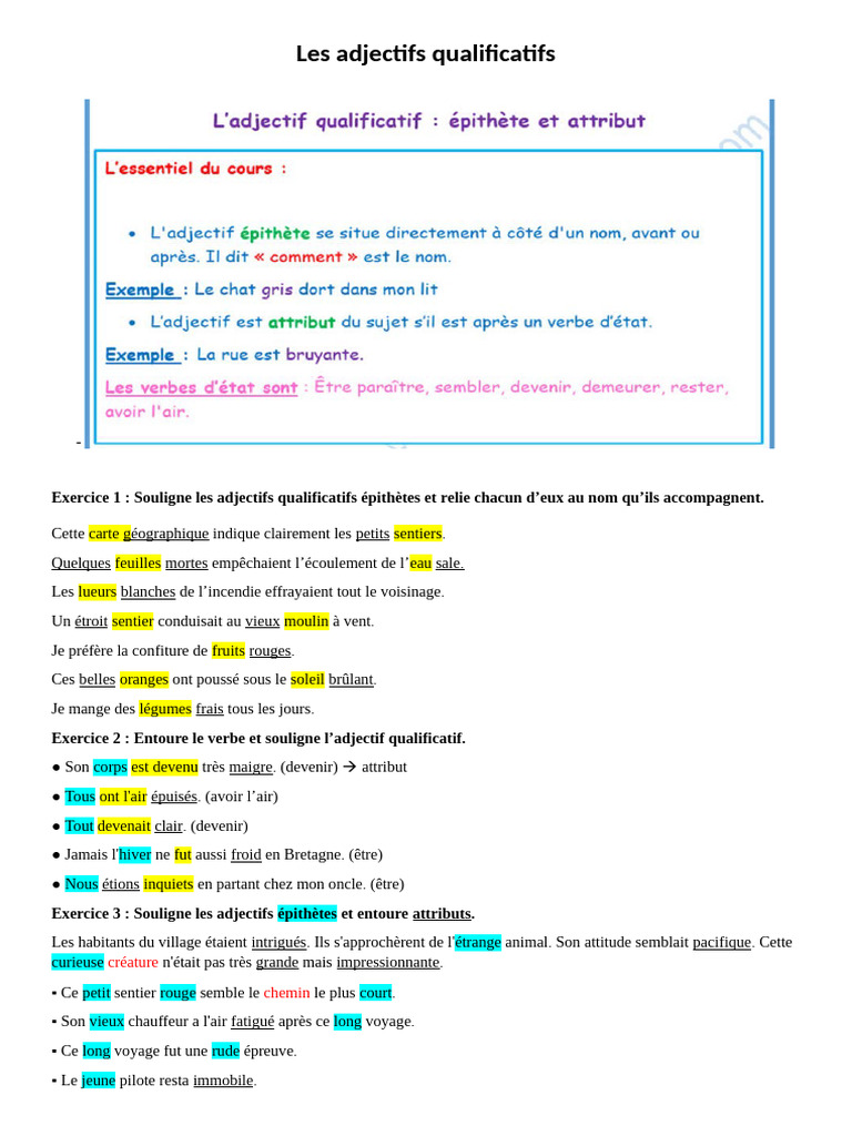 Exercices sur les adjectifs qualificatifs | PDF | Bleu | Rouge