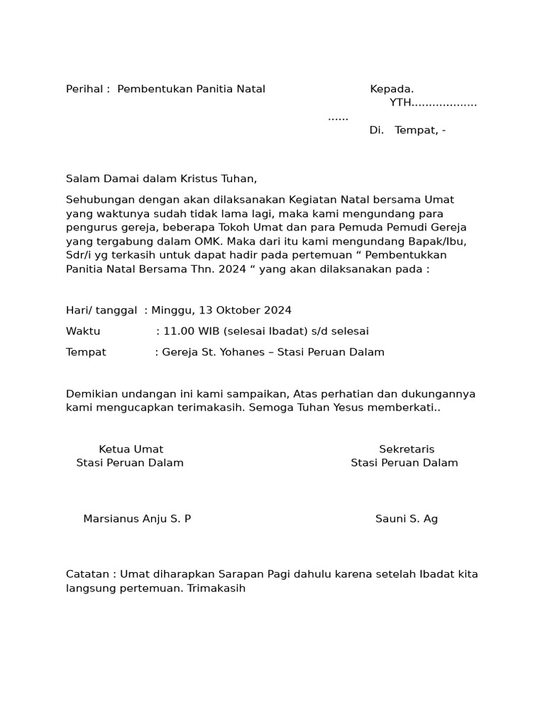 Surat Undangan Pembentukkan Panitia Natal 2024 | PDF