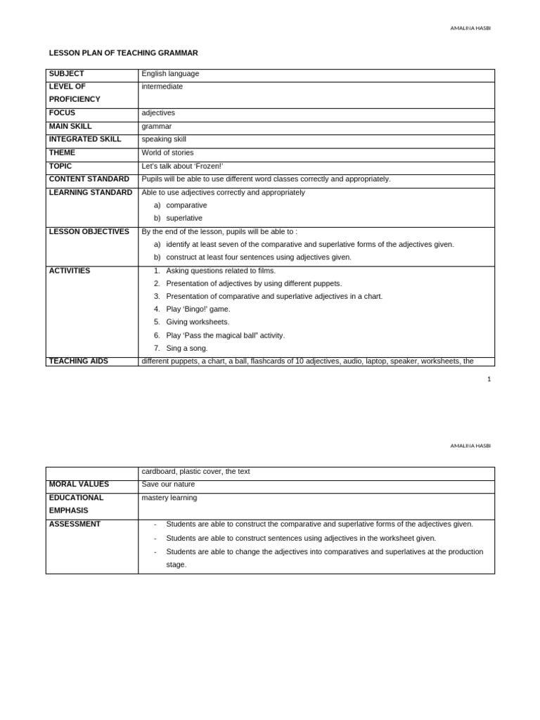 Lesson Plan of Teaching Grammar | PDF | Adjective | Linguistics