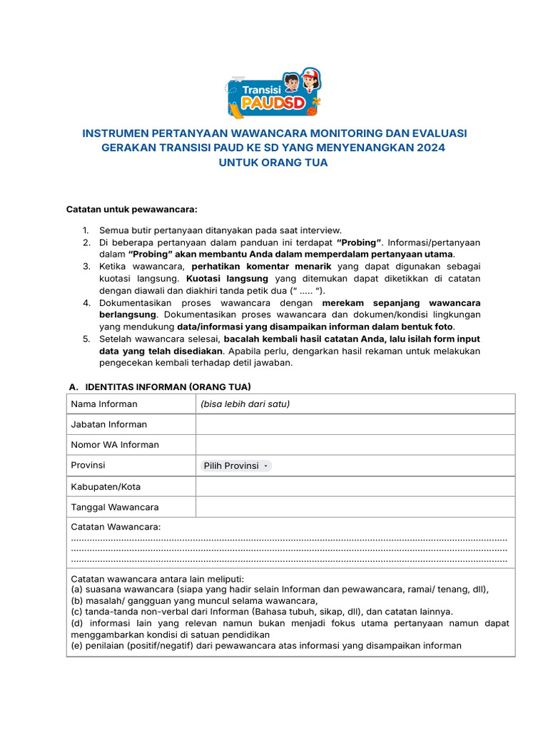 Instrumen Orang Tua Murid PAUD Dan SD | PDF