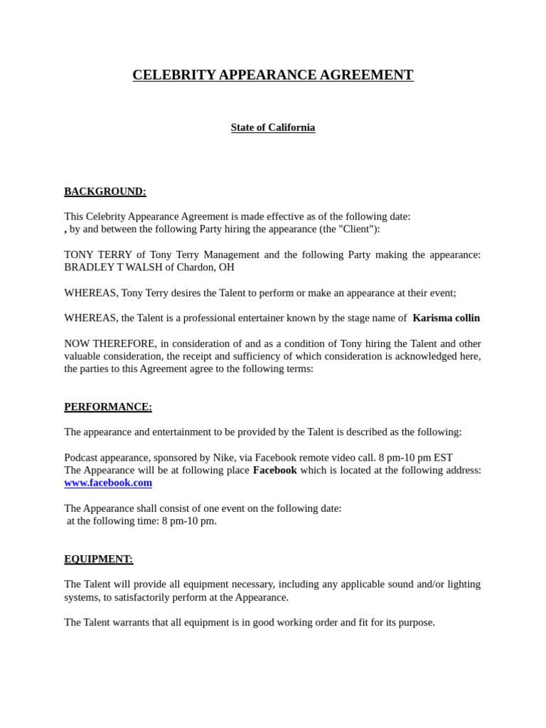 Celebrity Appearance Agreement: Karisma Collin | PDF | Indemnity ...