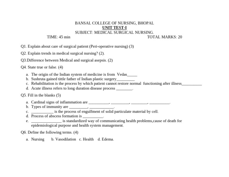 MSN Unit 1 Test: Surgical Nursing Basics | PDF