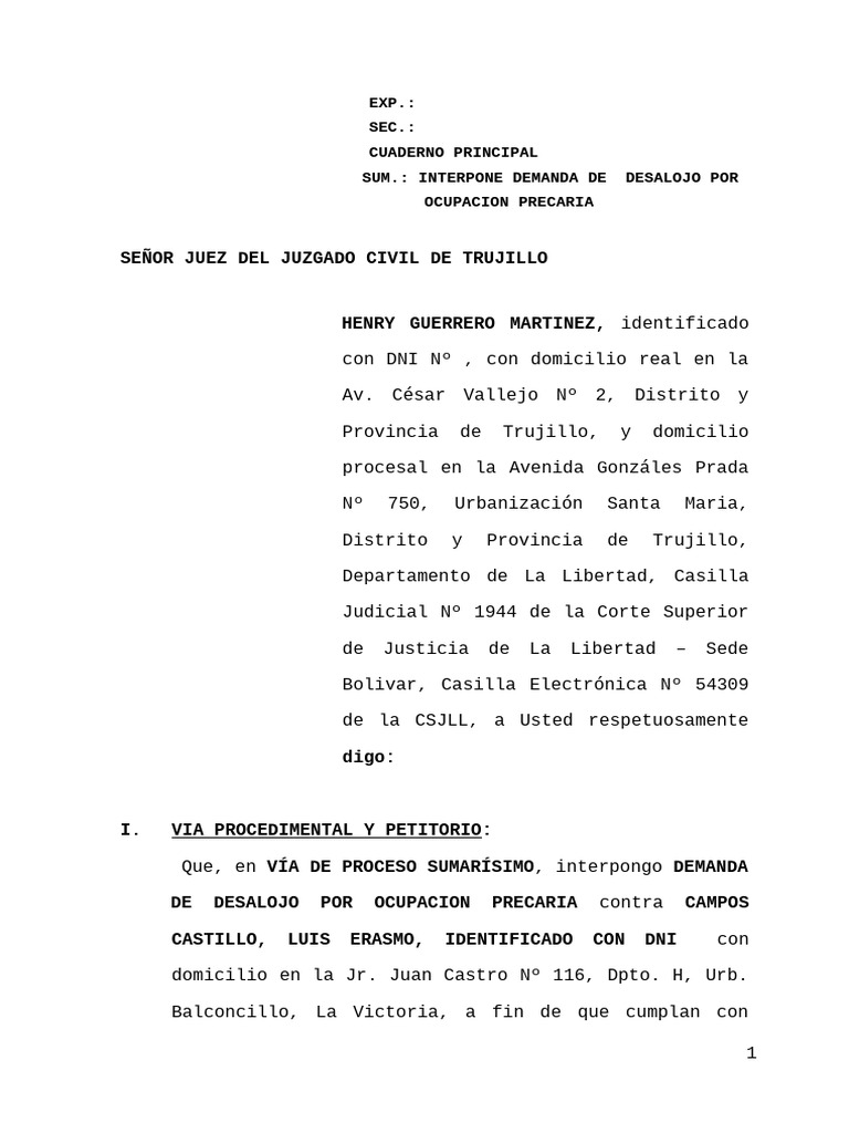 Demanda de Desalojo por Ocupación Precaria | PDF | Documento de ...
