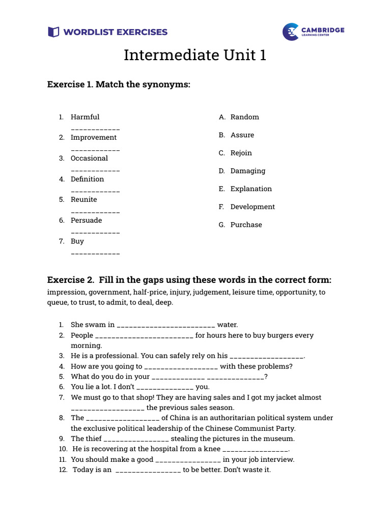 Intermediate English Synonyms and Antonyms Exercises | PDF