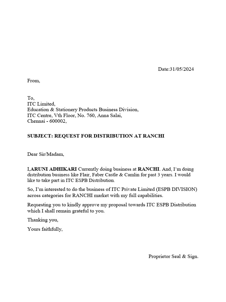 ITC ESPB Distribution Request Ranchi | PDF | Business | Computers