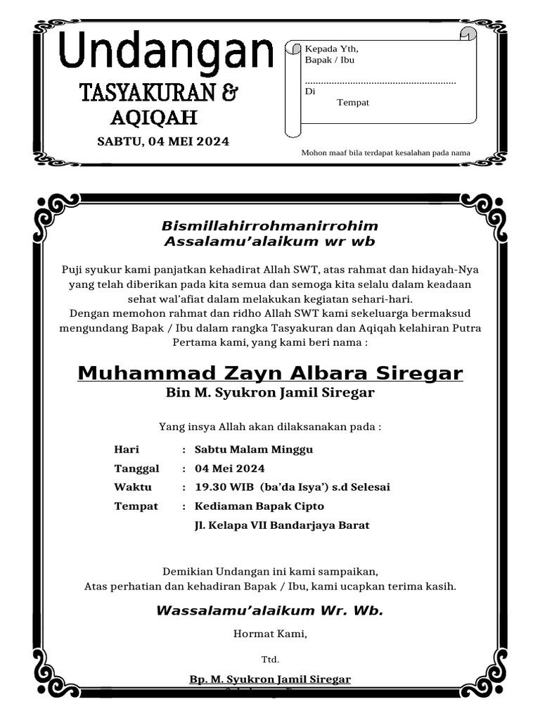 Undangan Aqiqah Muhammad Zayn Albara | PDF