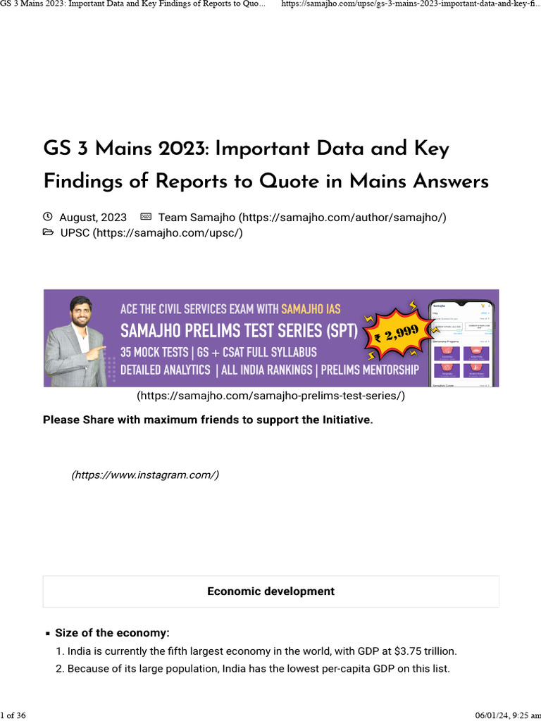 GS 3 Mains 2023 Important Data and Key Findings of Reports To Quote in Mains Answers UPSC IAS ...