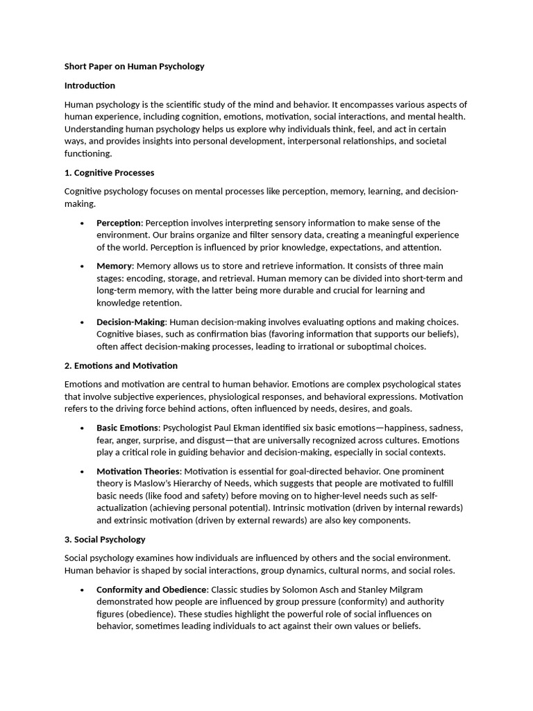 Short Paper On Human Psychology | PDF | Emotions | Psychology