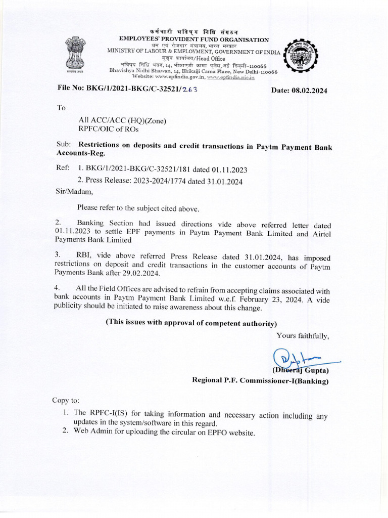 Circular Dated 08 02 2024 For Restriction of Deposit in Paytm P | PDF ...