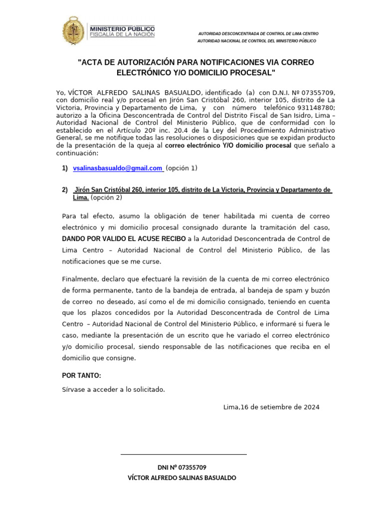Acta de Autorizacion para Correo Electronico y Domicilio Procesal | PDF | Derecho