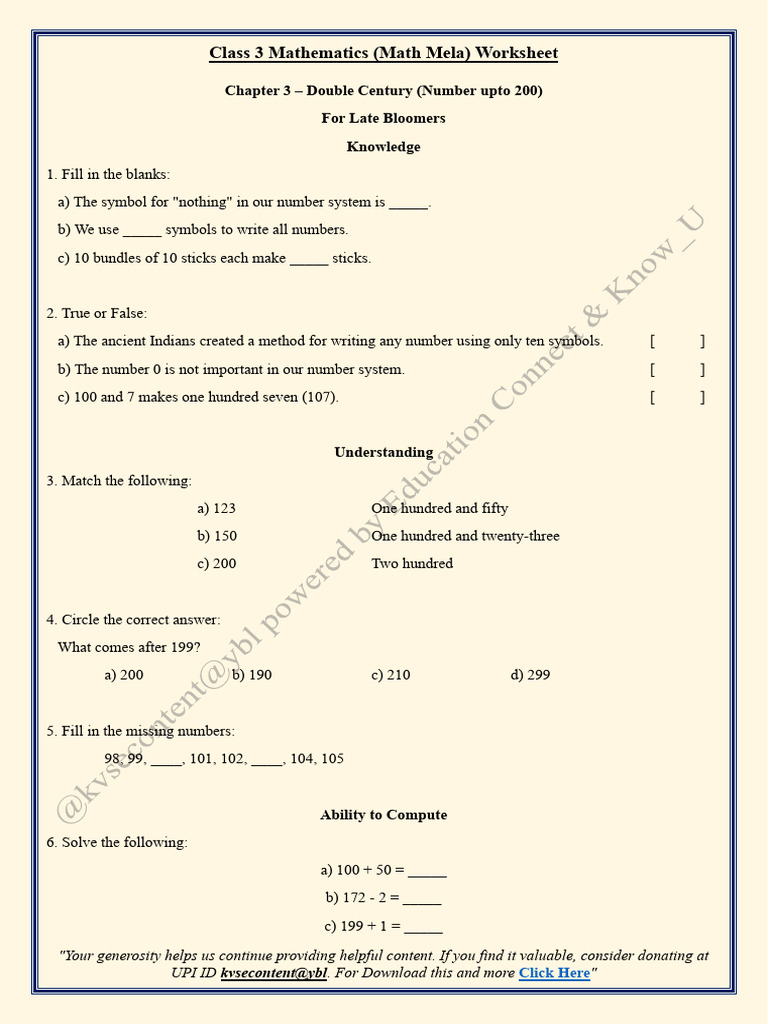 Class 3 Mathematics (Math Mela) Chapter 3 - Double Century Worksheet ...