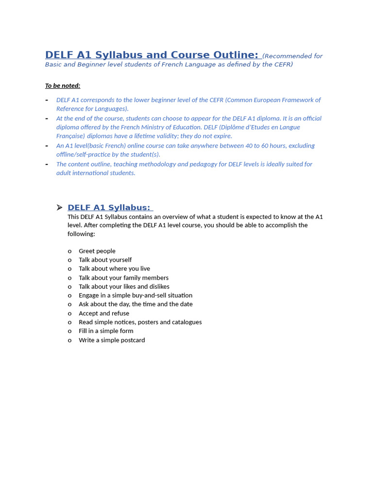 DELF A1 Syllabus and Course Outline | PDF | Grammatical Gender | Verb