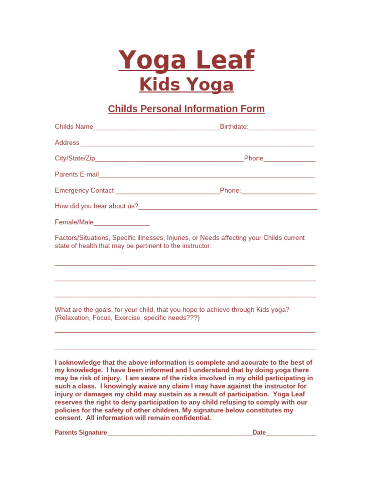 Kids Yoga Intake Form | PDF | Wellness