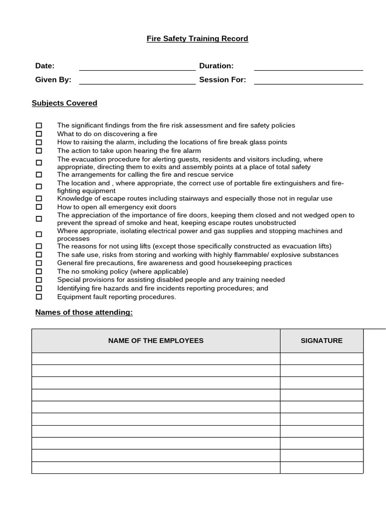 Staff Fire Training Record Template | PDF