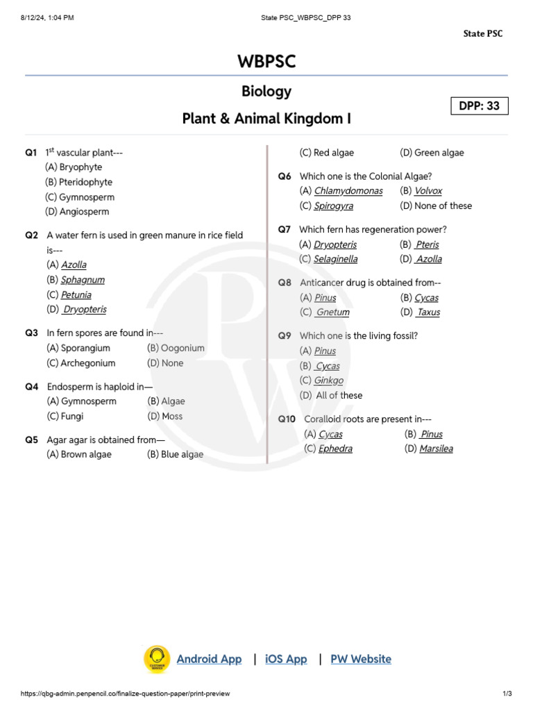 Biology - DPP 33 (Of Lec 38) | PDF | Fern | Organisms