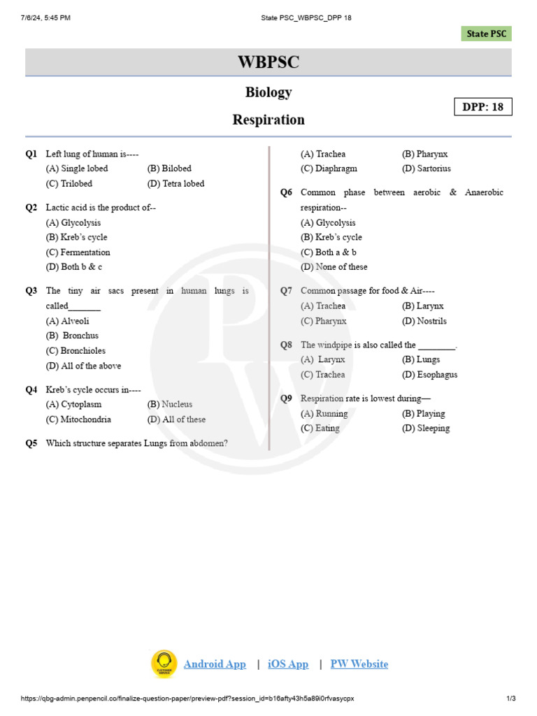 Biology _ DPP 18 (of Lec 20) | PDF | Cellular Respiration | Lung