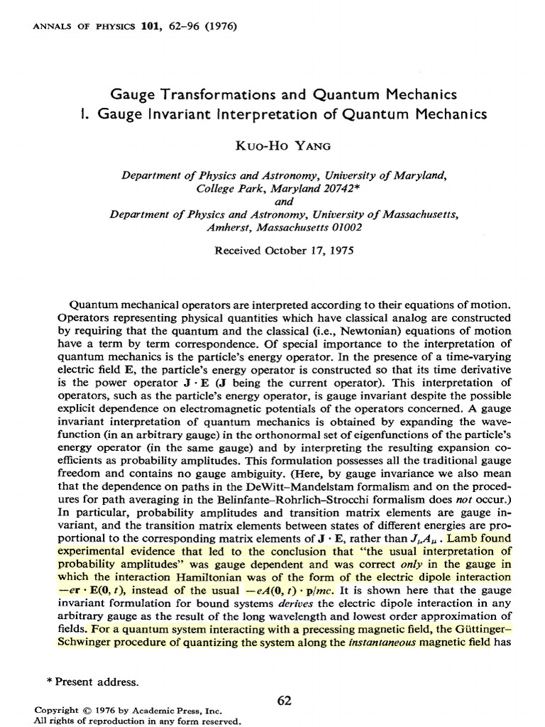 Gauge Transformations and QM I. Gauge Invariant Interpretation (Kuo-Ho ...