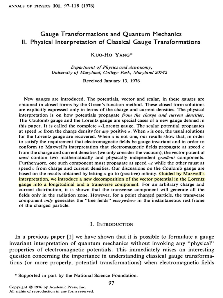 Gauge Transformations and QM II. Physical Interpretation of Classical ... Gauge Transformations and QM II. Physical Interpretation of Classical ...