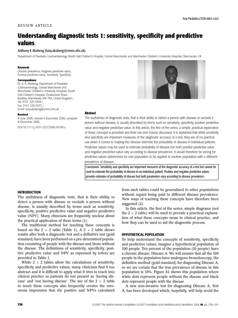 Understanding Diagnostic Tests 1 Sensitivity Specificity and Predictive ...