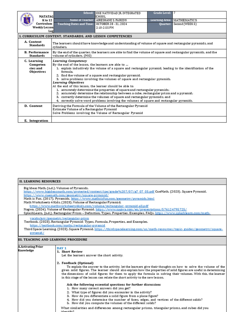DLL Matatag - Mathematics 7 Q2 W5 | PDF | Rectangle | Euclidean Geometry