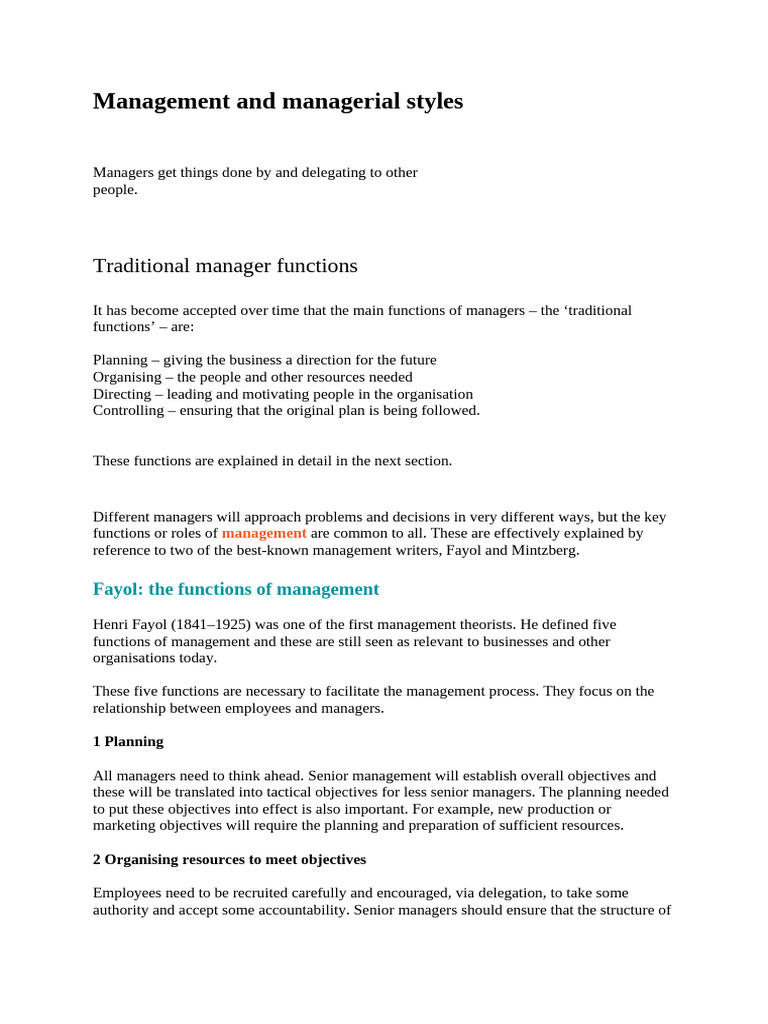 Management and Managerial Styles | PDF | Business | Leadership