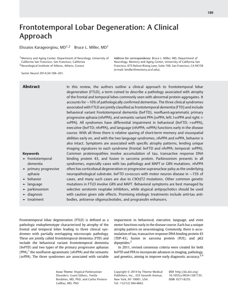 Frontotemporal Lobar Degeneration 2013 | PDF | Neuroscience | Diseases ...