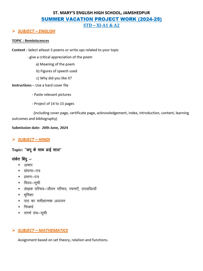 STD - XI-A (Summer Vacation Project (2024 - 25) | PDF | Teaching ...
