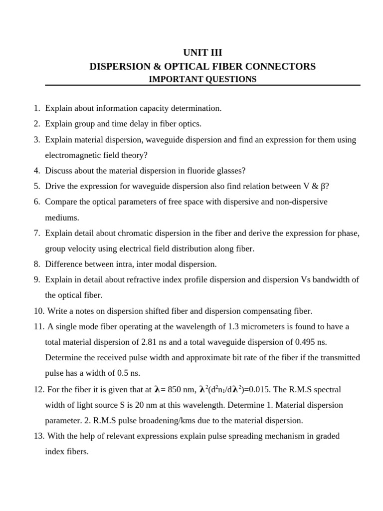 Fibre Optical Communications Unit-3 & 4 | PDF | Dispersion (Optics) | Laser