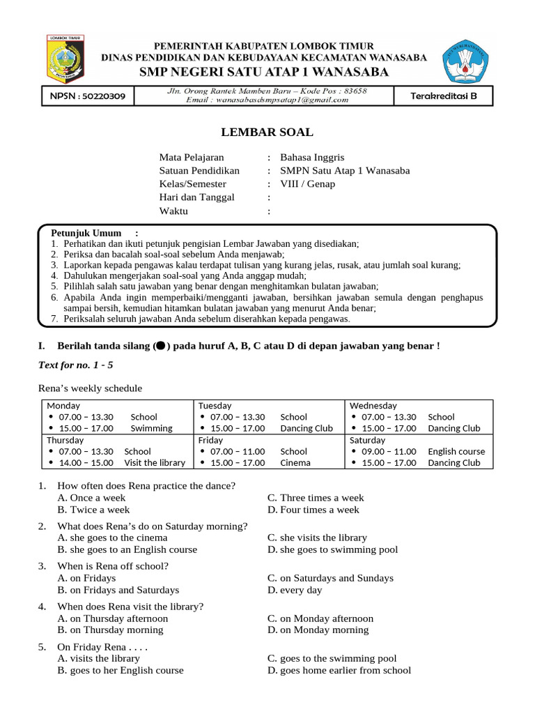 Soal Pas Bahasa Inggris Kelas VIII | PDF | Cinderella | Fairies