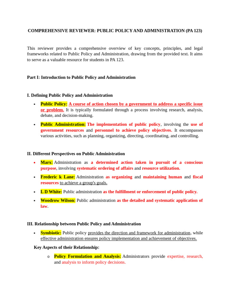 Comprehensive Reviewer Public Policy and Administration (Pa 123 ...