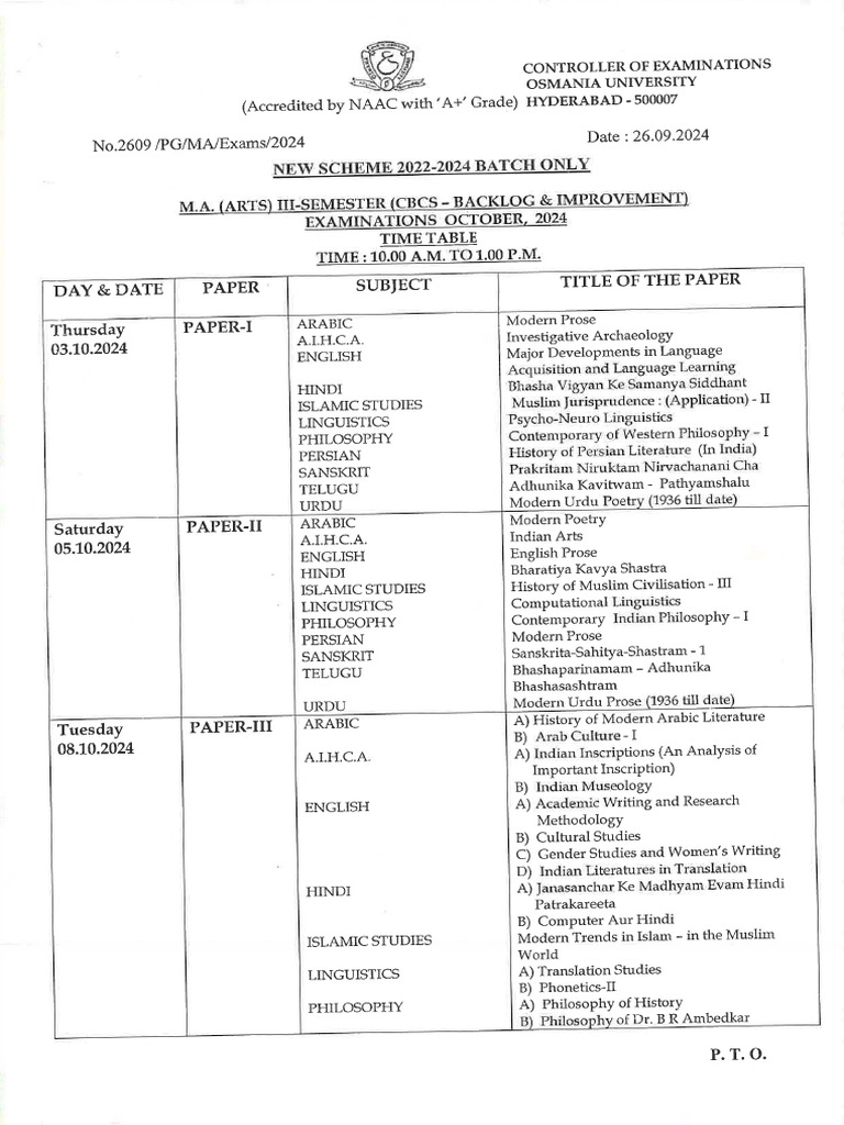 Osmania University PG 1st & 3rd Sem 2022-25 CBCS-New Scheme Backlog & Improvement Oct 2024 Exam ...