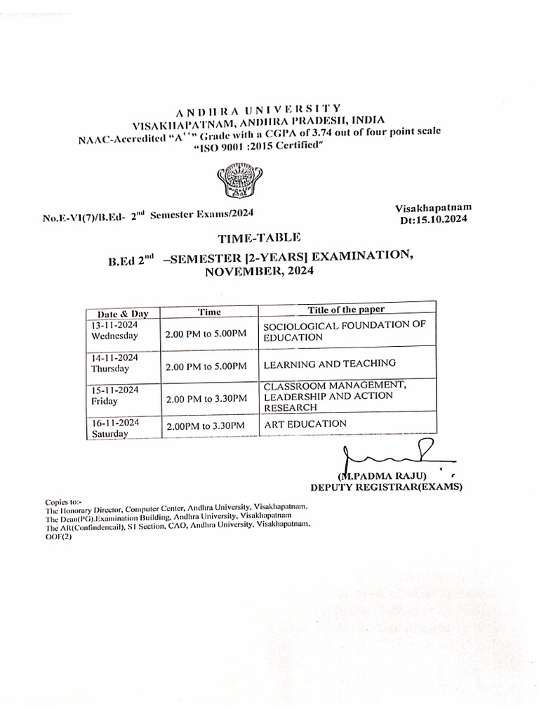 Andhra University B.Ed Regular 2nd Sem Regular & Supply Nov 2024 Time ...