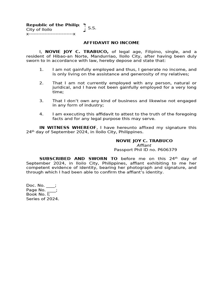 Iloilo Affidavit of No Income | PDF