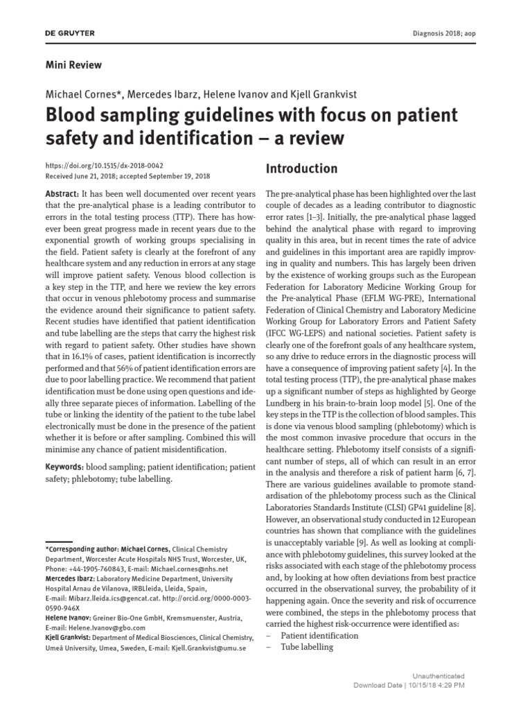 Blood Sampling Guidelines With Focus On Patient Safety and ...
