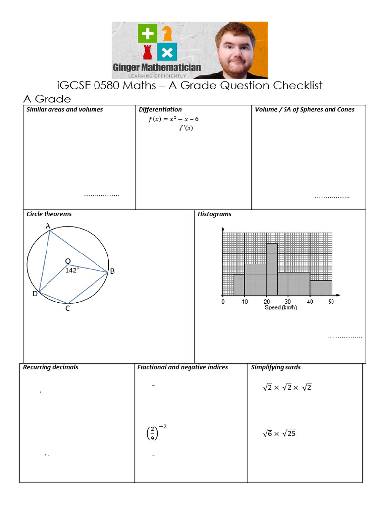 IGCSE 0580 Maths A Grade Question Checklist | PDF | Trigonometric Functions | Circle