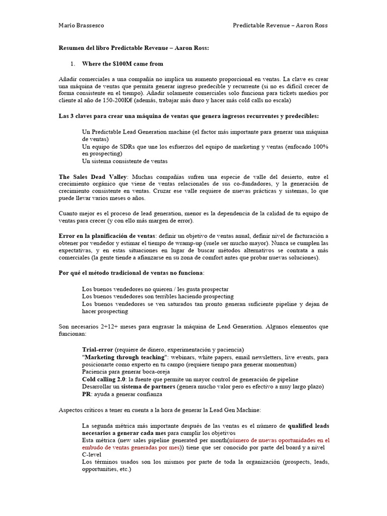 Resumen del libro Predictable Revenue – Aaron Ross | PDF | Marketing ...