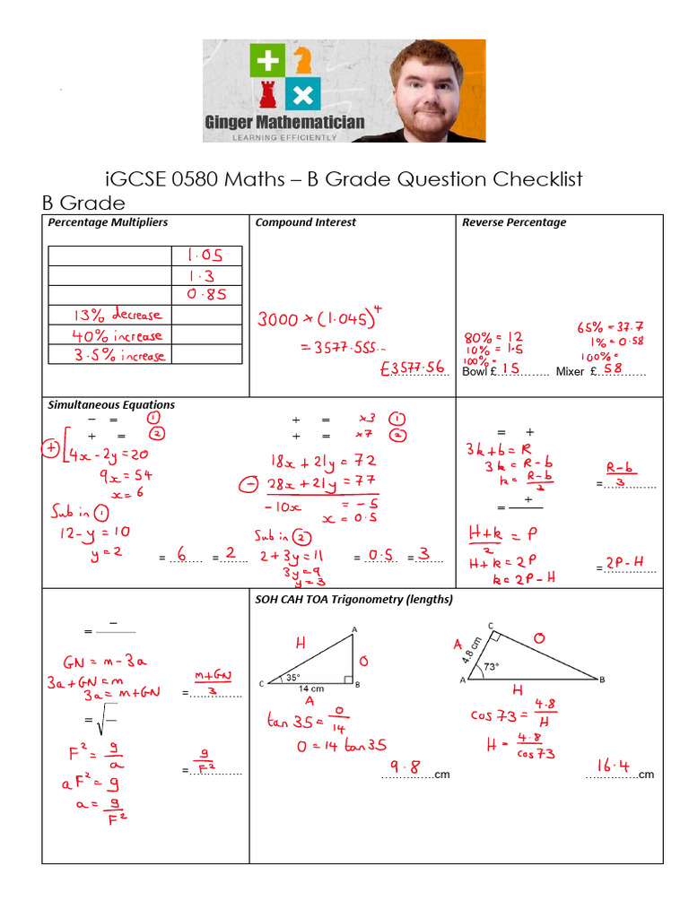 IGCSE 0580 Maths B Grade Question Checklist Solutions | PDF