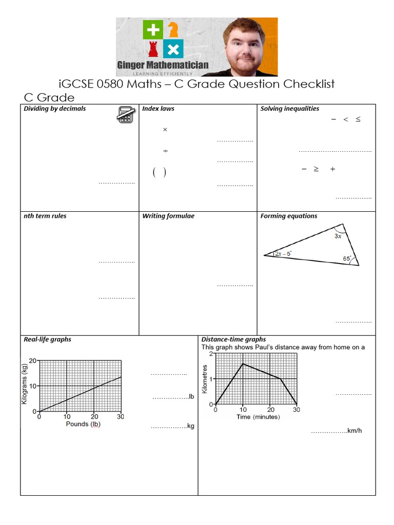 IGCSE 0580 Maths C Grade Question Checklist | PDF | Area | Factorization