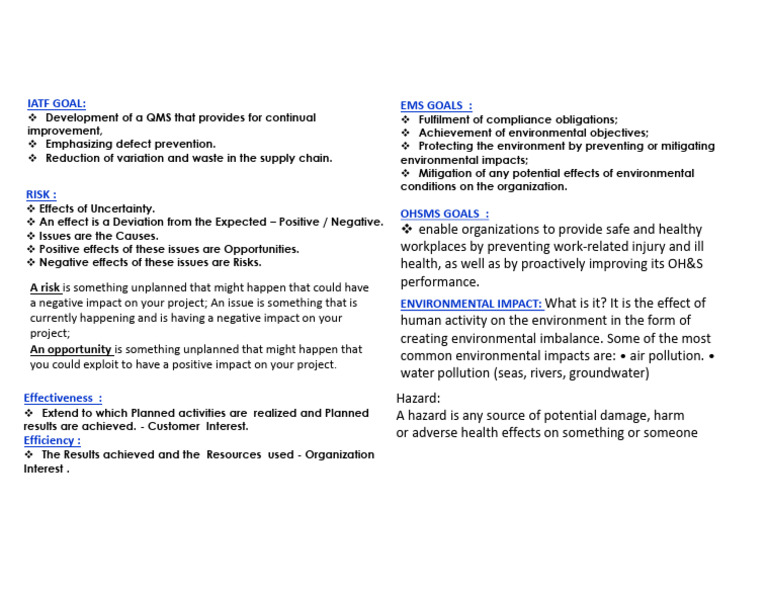 One Page Traning Material About IATF | PDF | Risk | Environmental ...