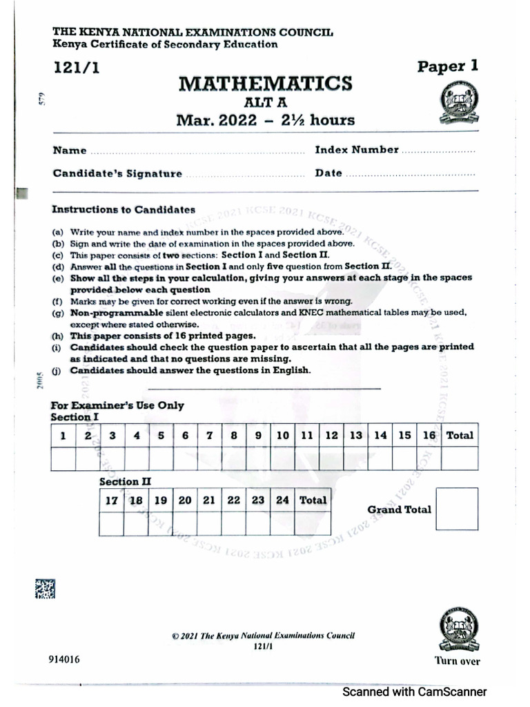 Kcse 2021 Mathematics Paper 1 Qns | PDF