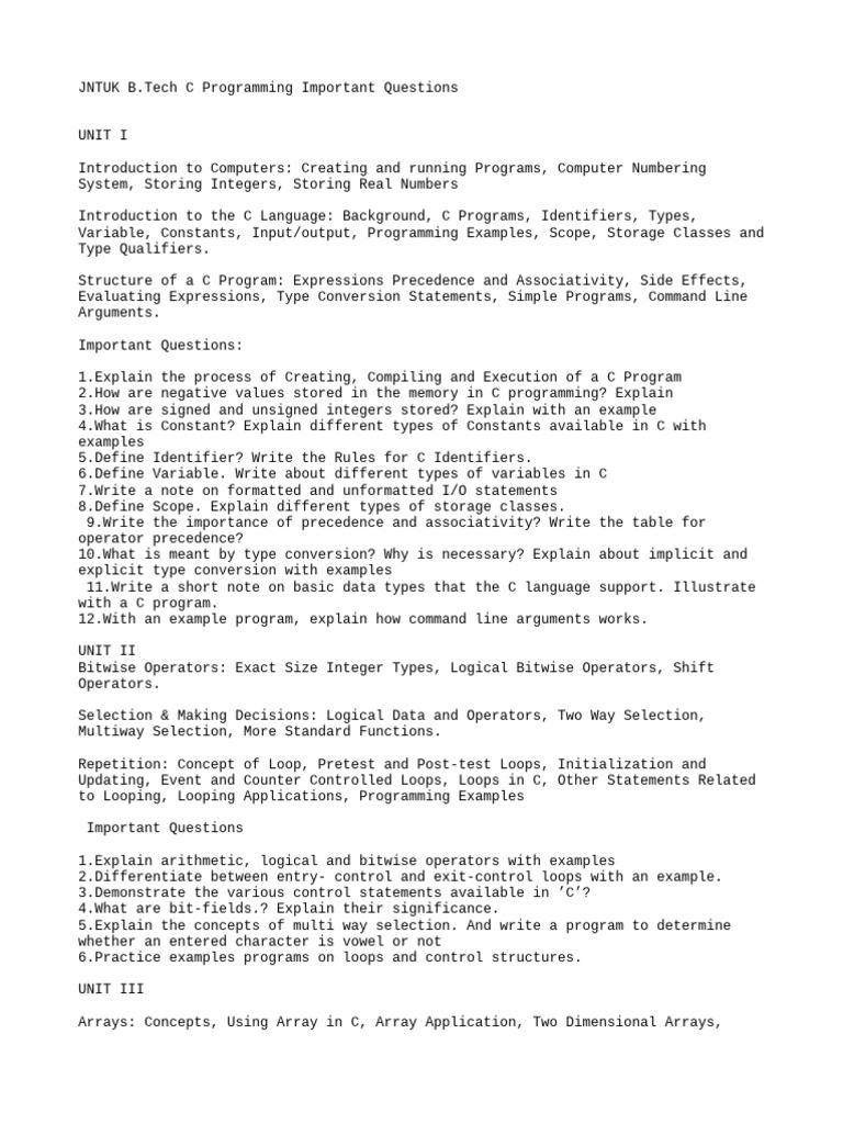 Jntuk Btech C Programming Important Questions Pdf Pointer Computer Programming C