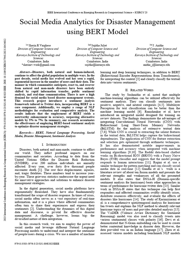 Social Media Analytics For Disaster Management Using BERT Model | PDF ...