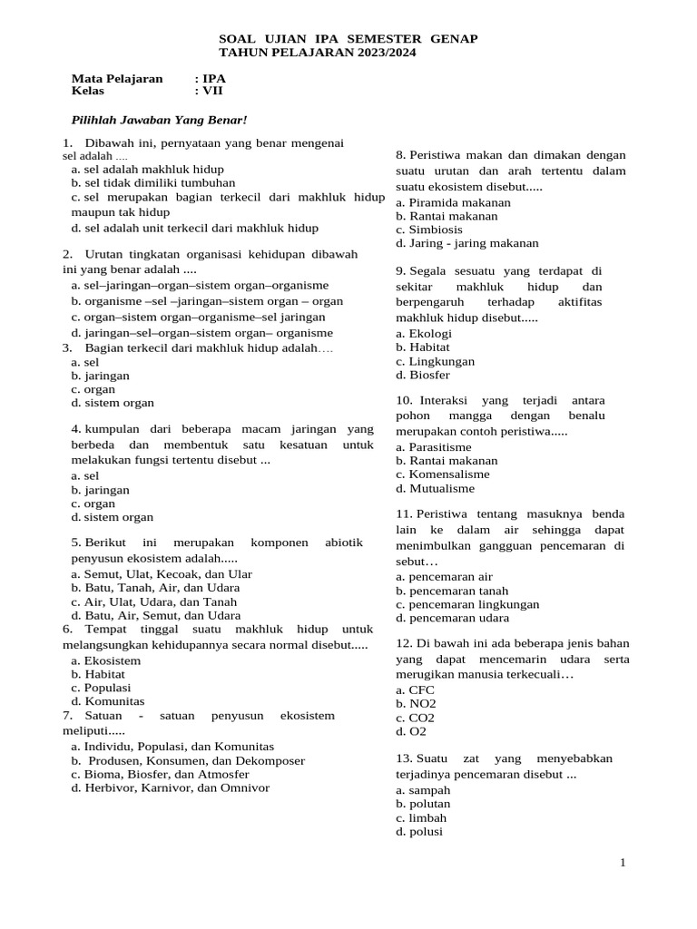Soal IPA Kelas VII Semester Genap | PDF